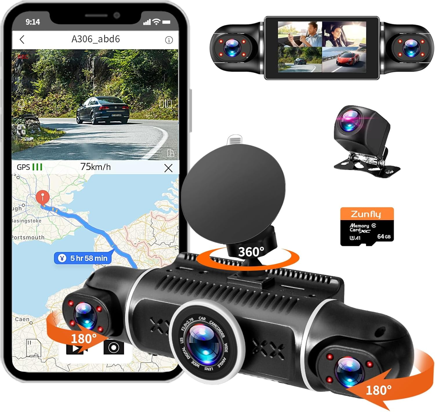 360° DVR WiFi HD Dash Cam Front & Rear Inside, 4 Channels FHD 1080P ...