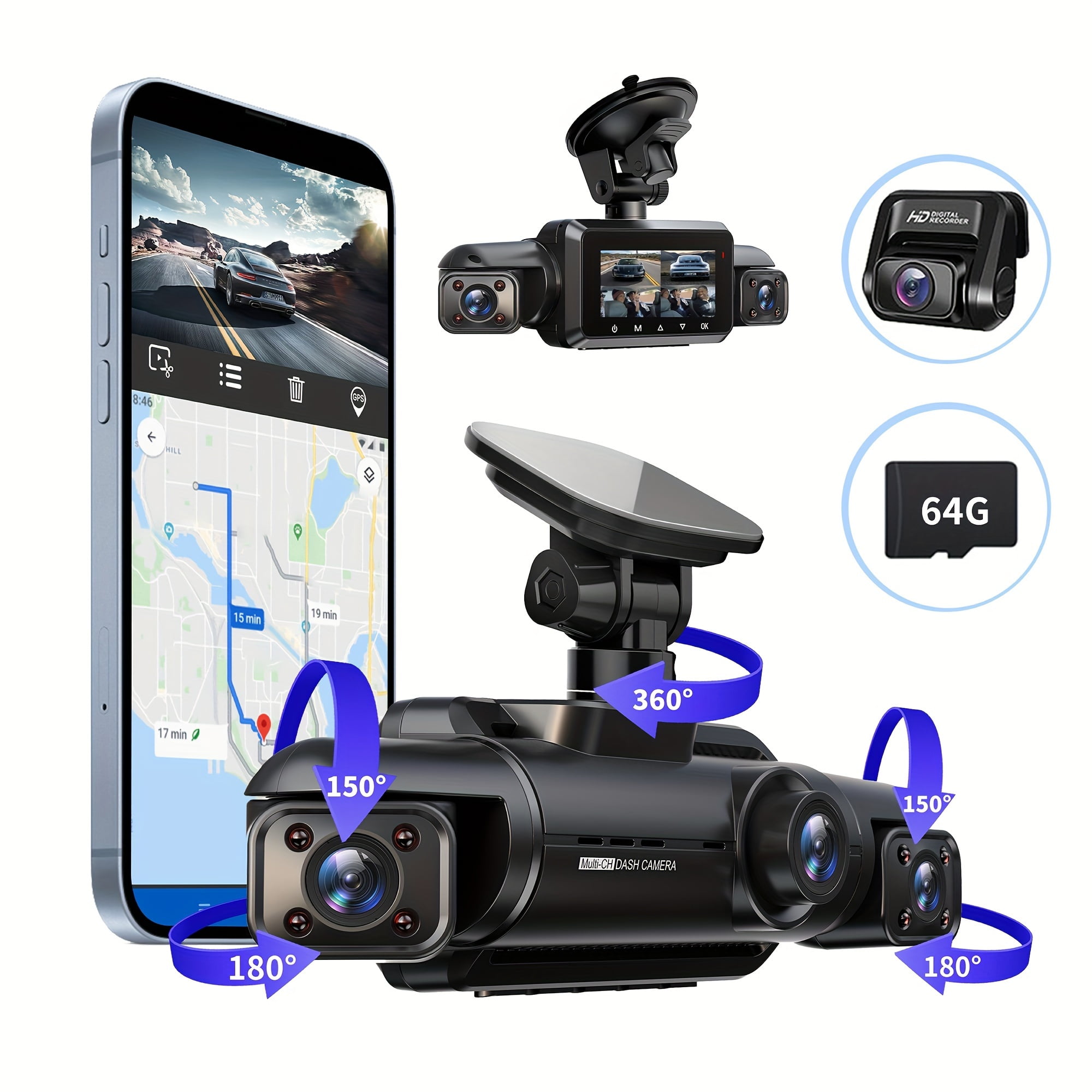 360° Dash Cam Front And Rear Inside, 4 Channels FHD 4 * 1080P, Wi-Fi ...