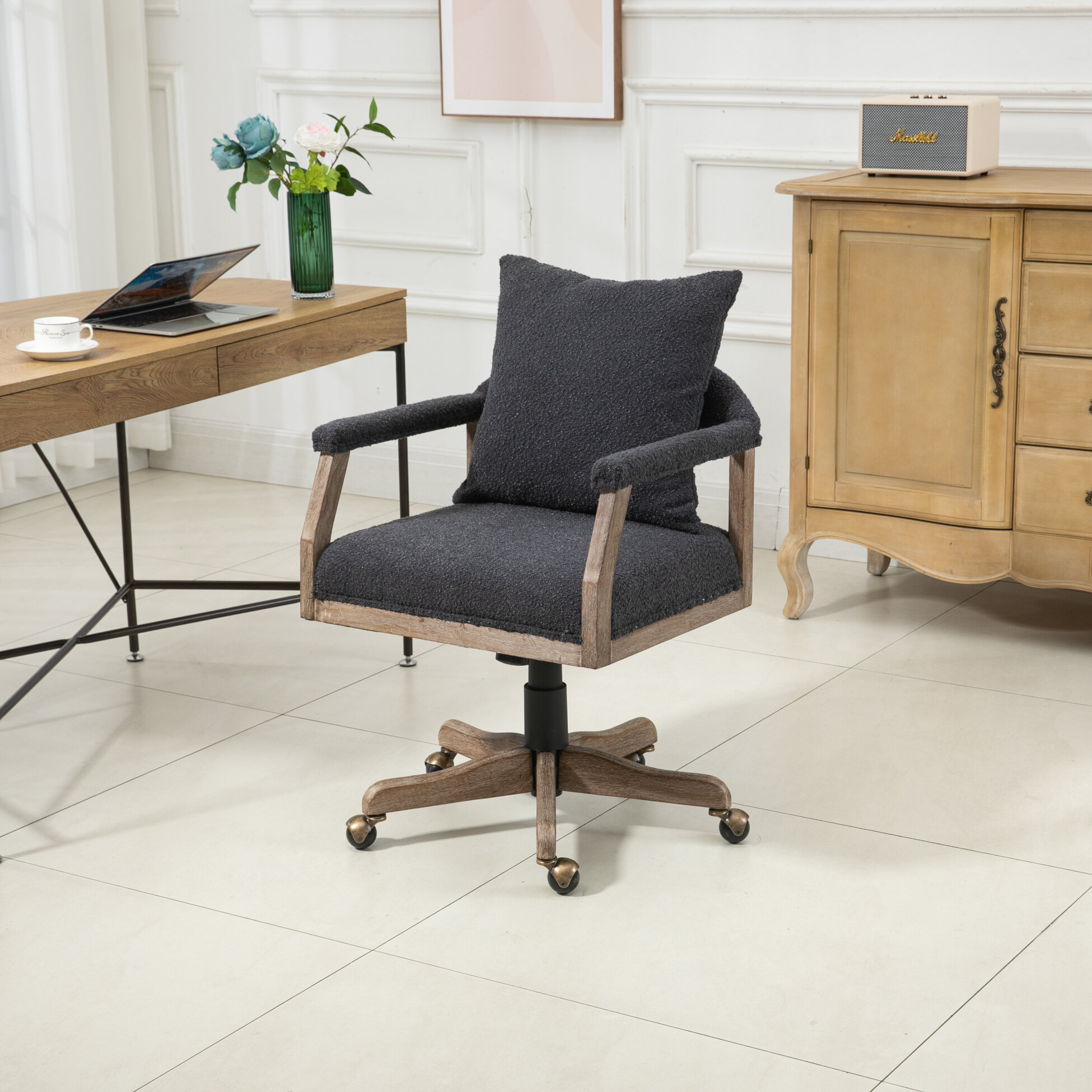 360-Degree Boucle Swivel Chair with Back Pillow, Modern Adjustable Desk ...