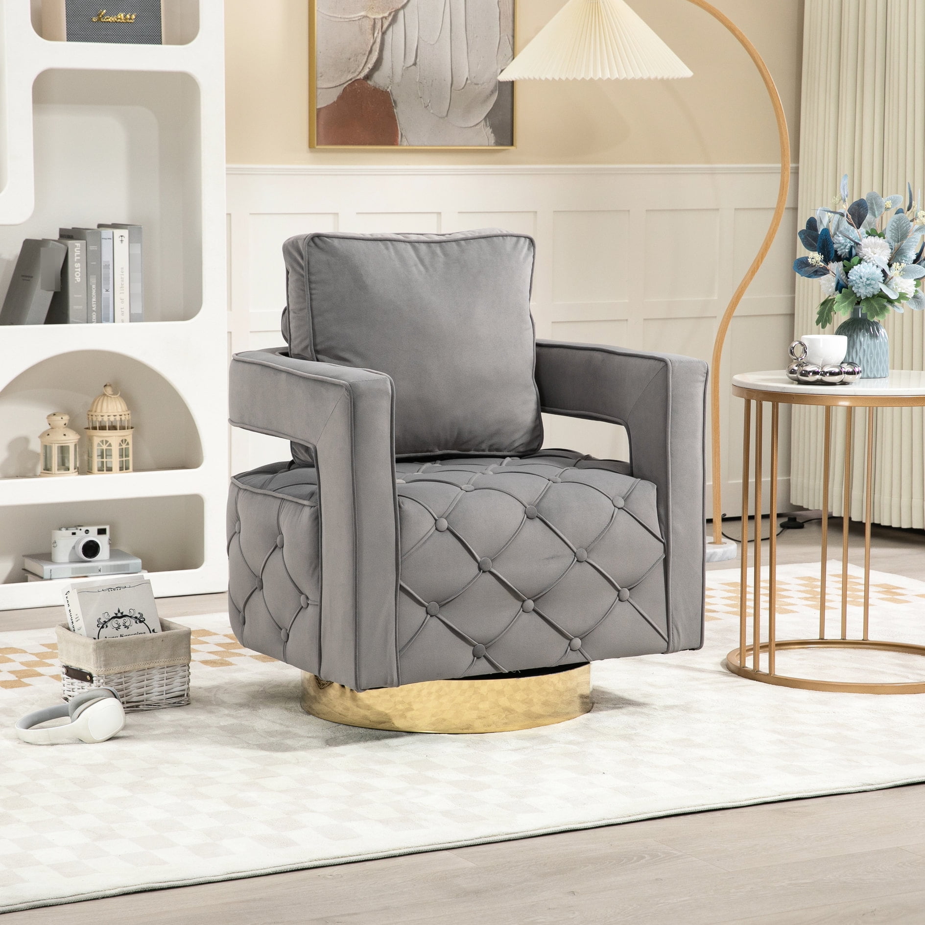 360-Degree Rotating Accent Chair, Velvet, Gray for Living Room ...
