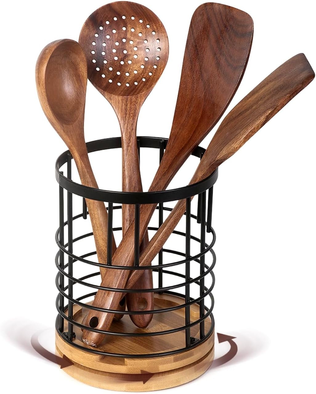 360-Degree Rotating Kitchen Utensil Holder with Wooden Base - Matte ...
