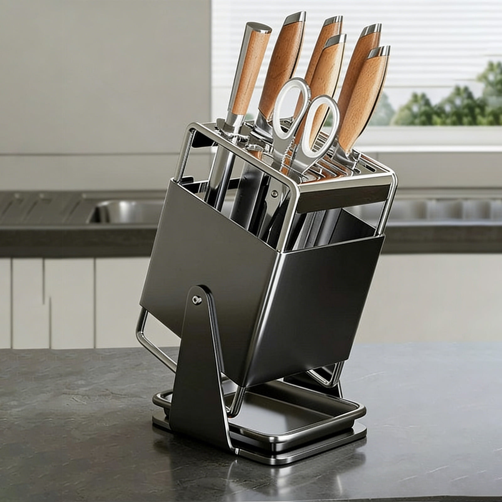 360 Degree Rotating Knife Holder Stainless Steel Countertop Knife Block ...