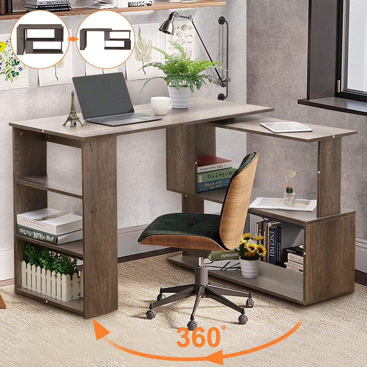 360 Degree Rotating L-Shaped Corner Computer Desk Writing Table Study ...