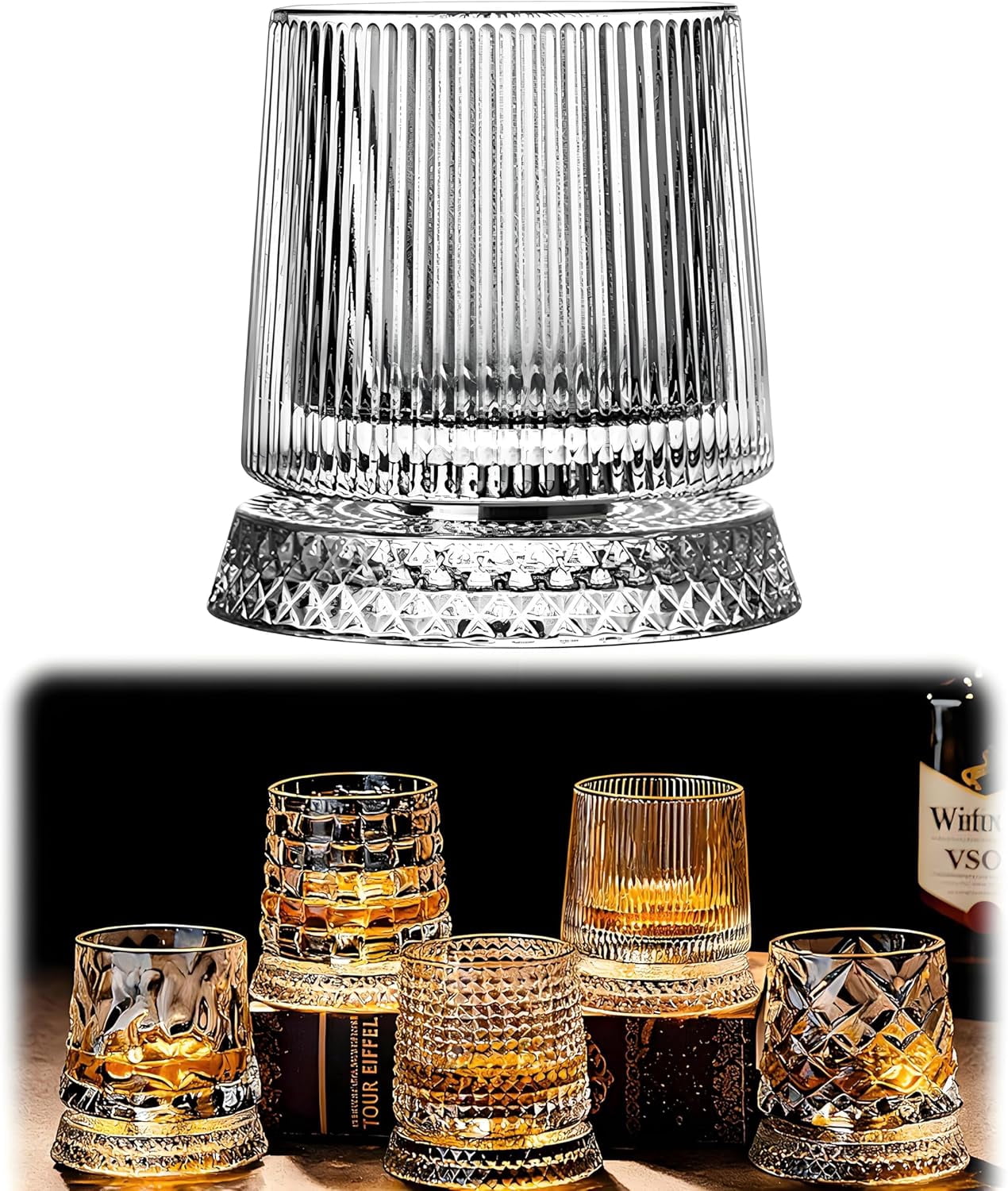 360 Degree Rotating Old Fashioned Crystal Tumbler with Unique Relief ...