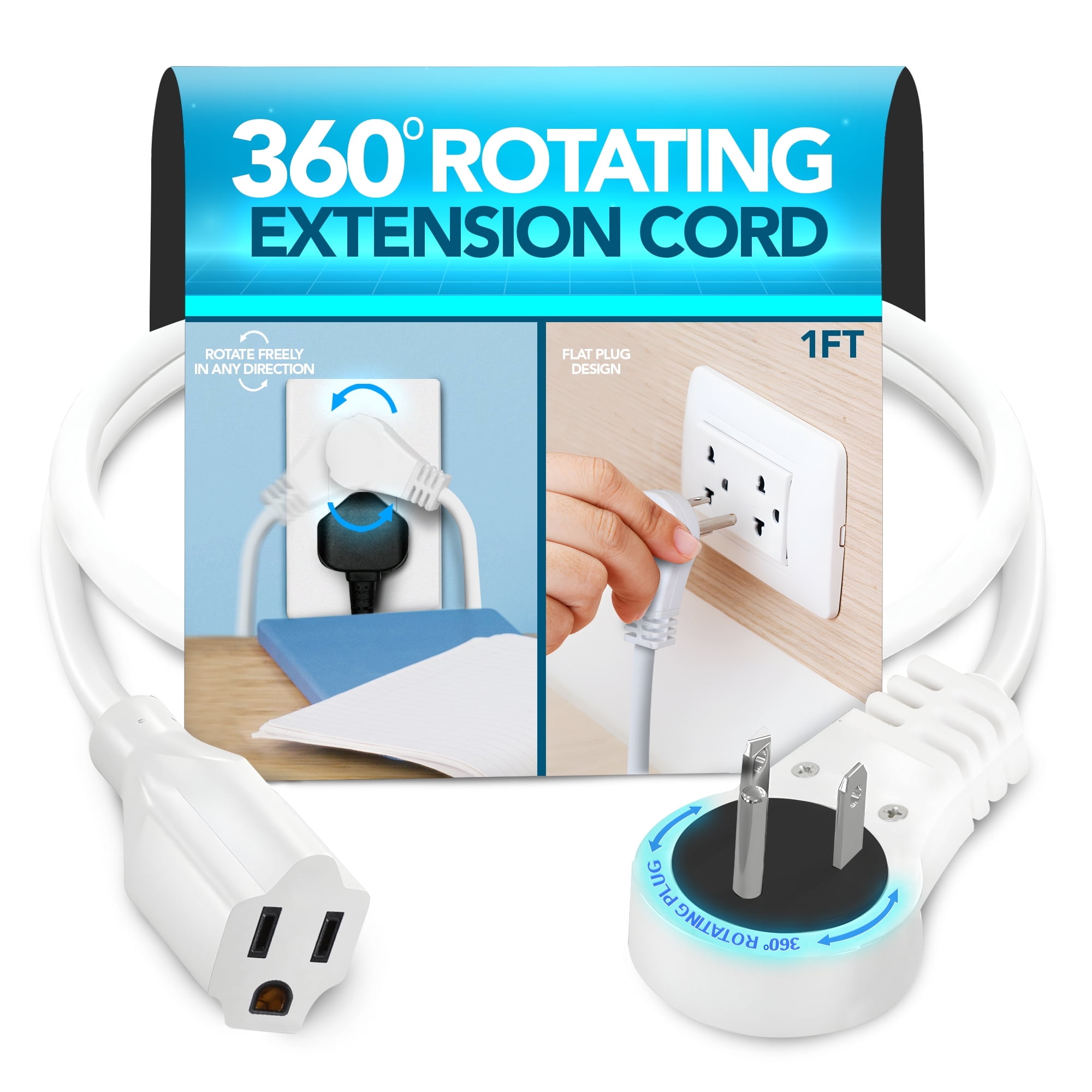 360 Degree Rotating Power Strip - White Extension Cord with Flat Wall ...