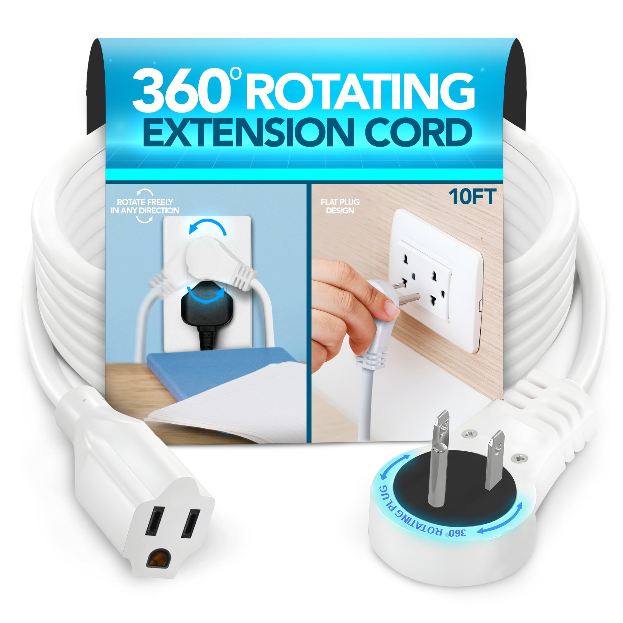 360 Degree Rotating Power Strip - White Extension Cord with Flat Wall ...