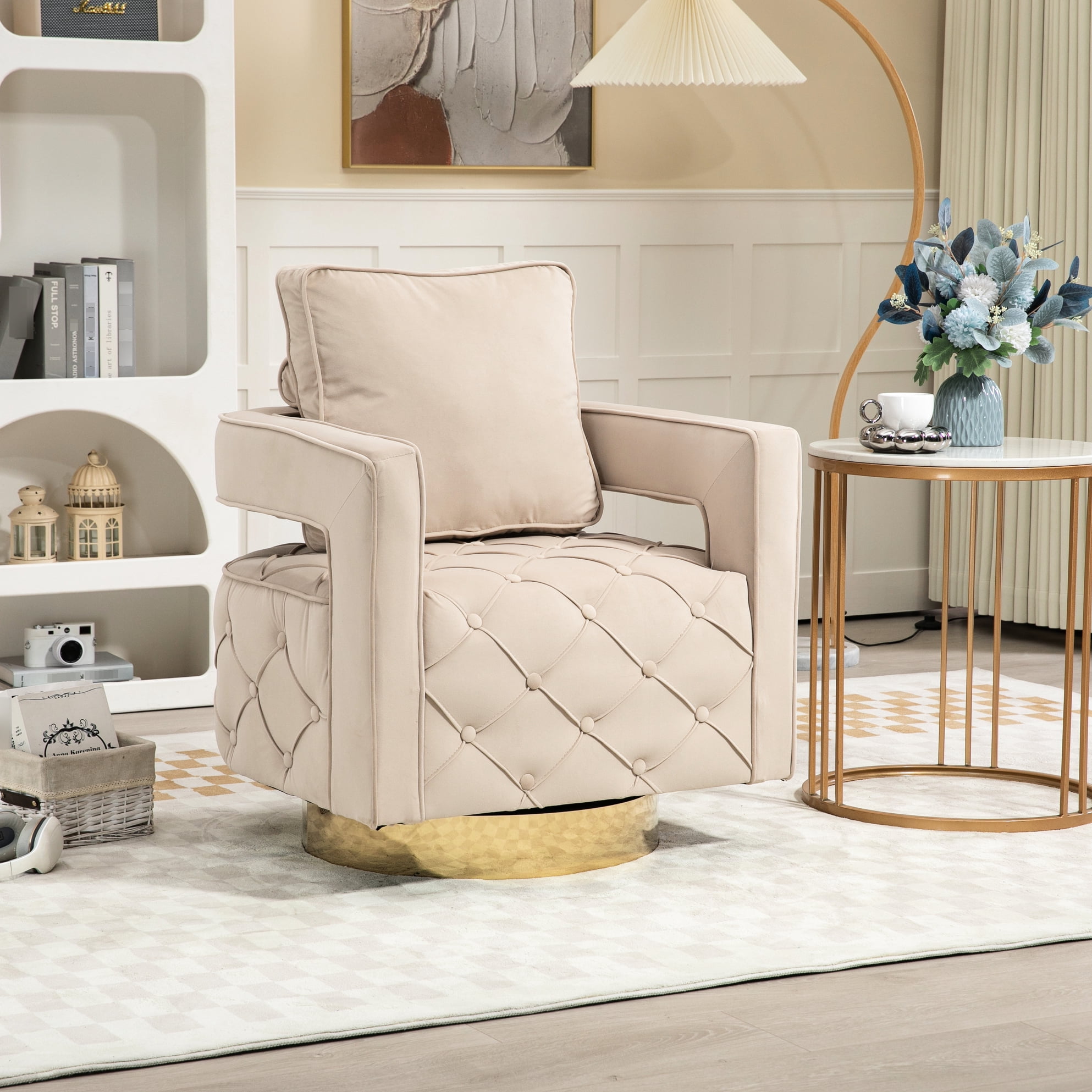360 Degree Rotating Velvet Armchair. Beige, Button, For A Cozy Office ...