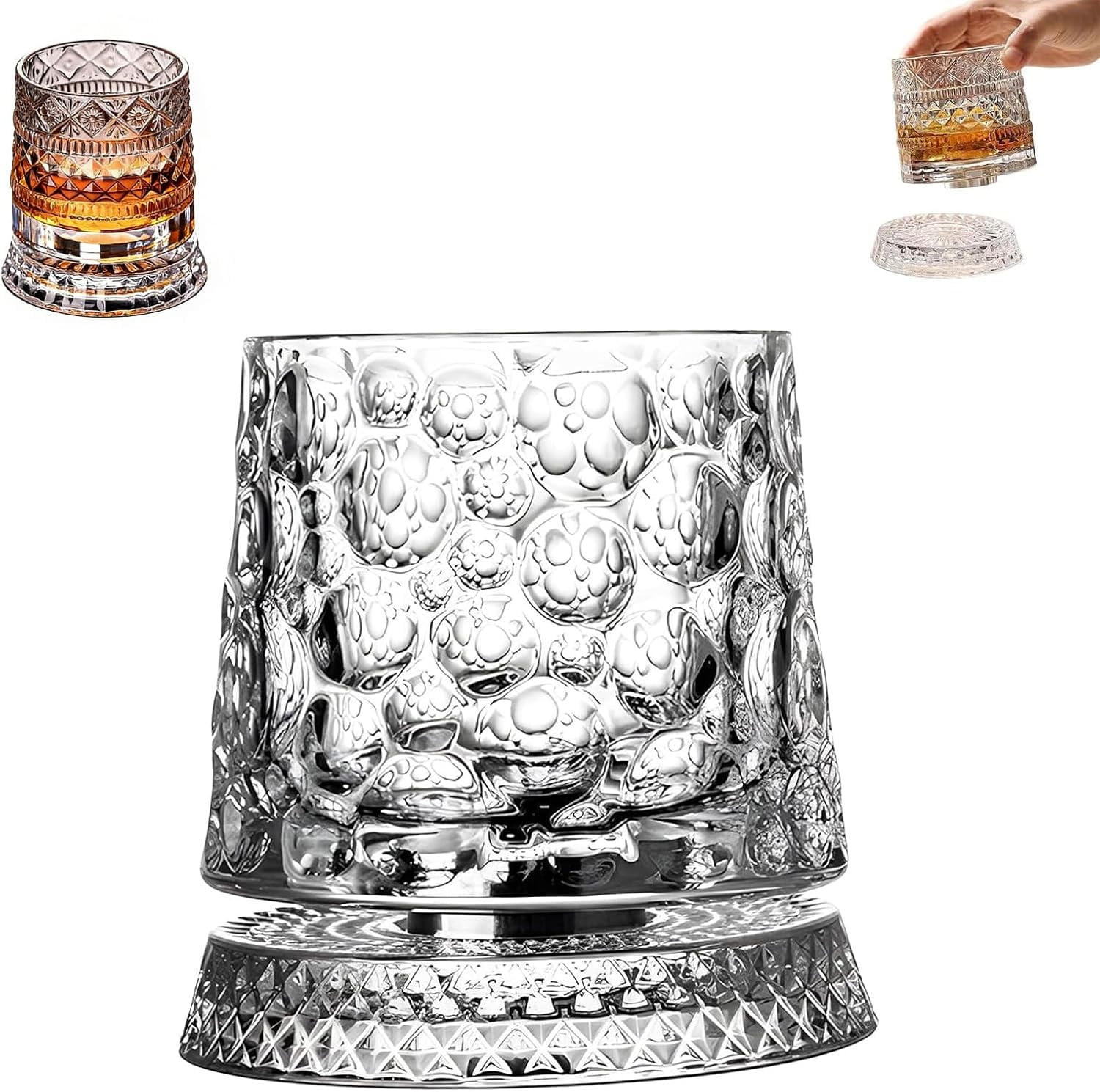 360 Degree Rotating Whiskey Glass,Crystal Tumbler with Unique Relief ...