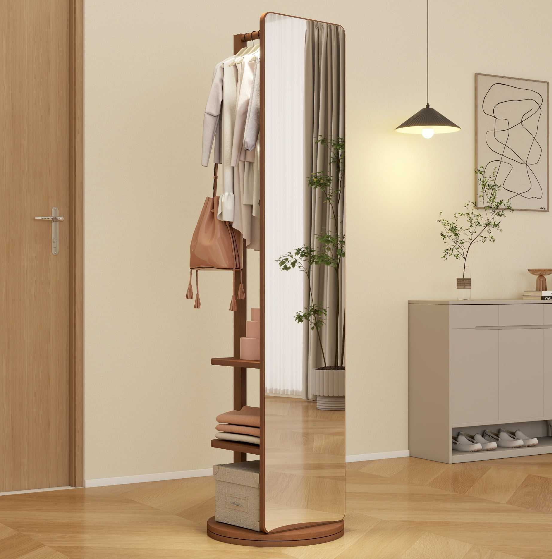 360 Degree Rotation Solid Wood Full-Body Mirror Rack with Hanger ...