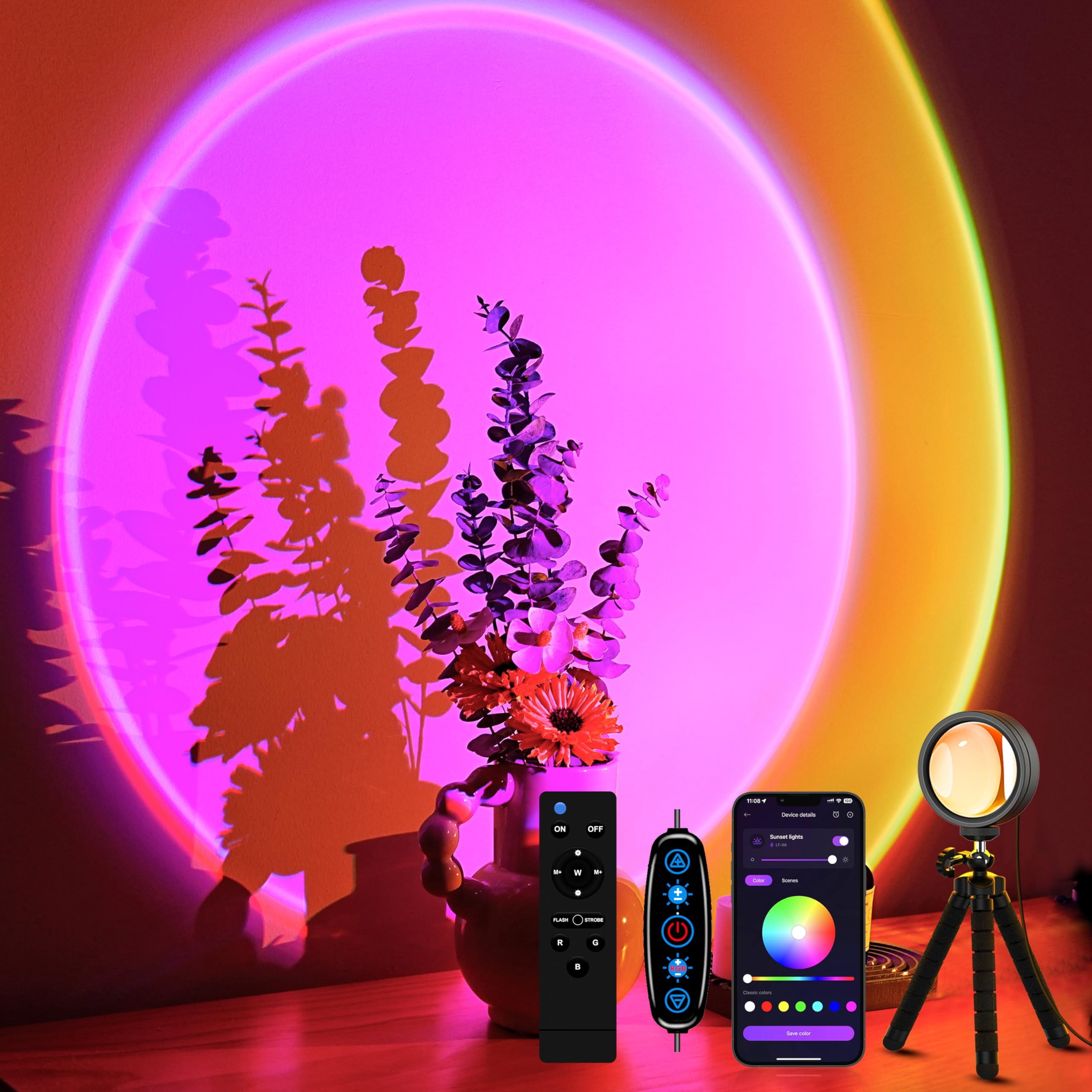 360 Degree Rotation Sunset Projection Lamp, Remote and App Control ...
