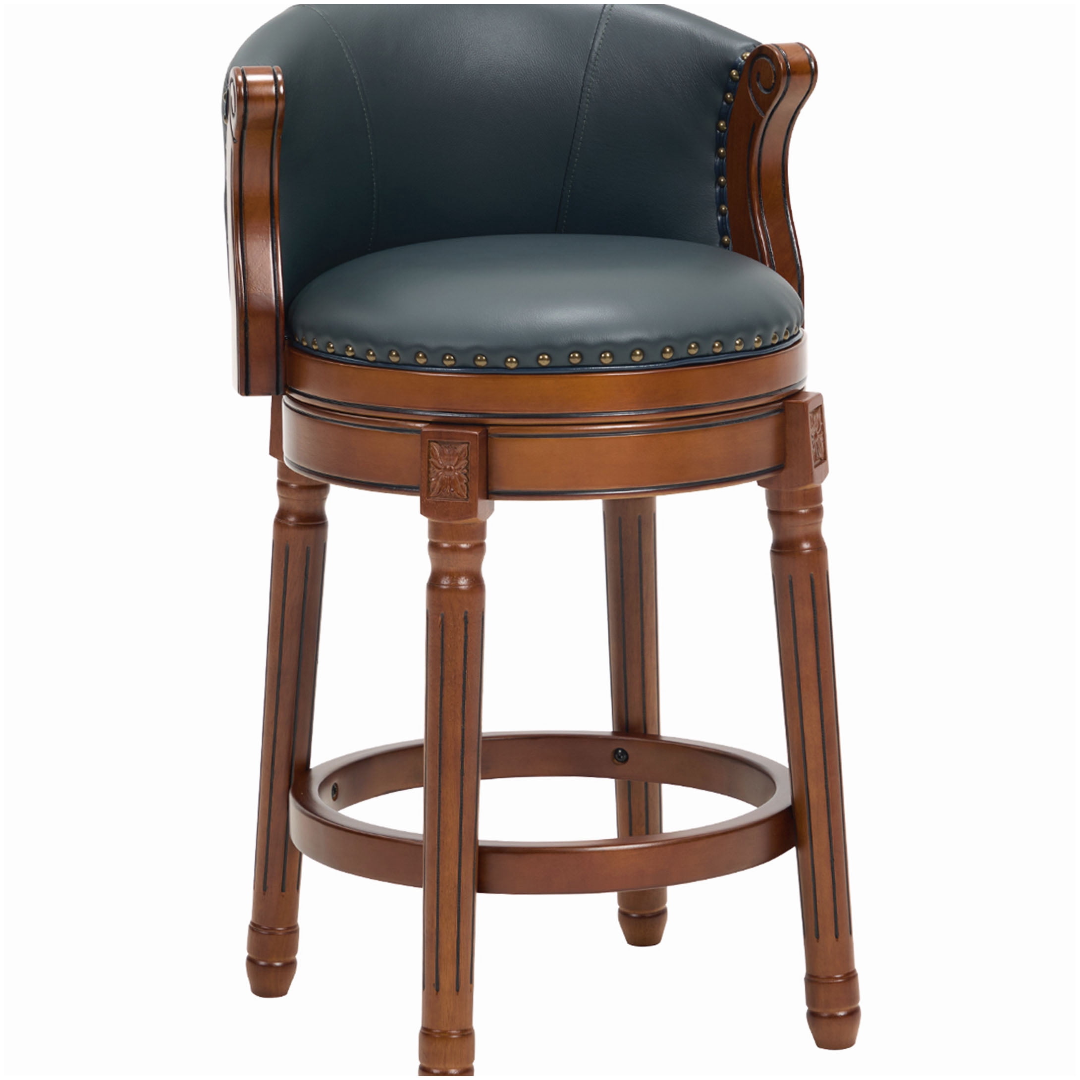 360 Degree Swivel Bar Chair, Blue Leather Counter Stool with Wooden ...