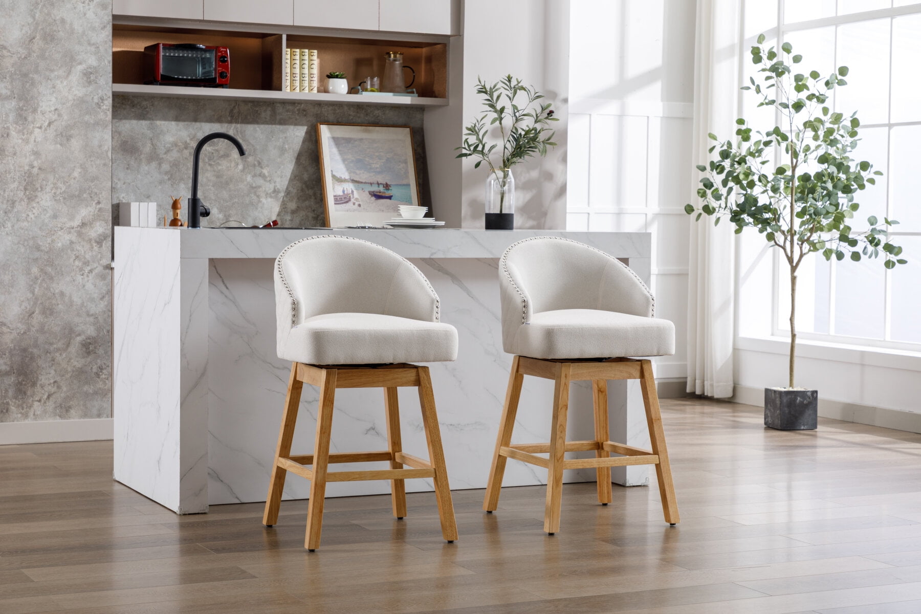 360 Degree Swivel Bar Stools Set of 2, Counter Height Linen Bar Chairs ...