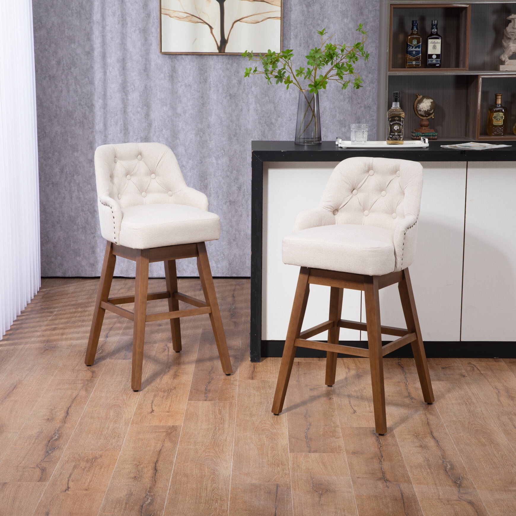 360-Degree Swivel Bar Stools Set of 2, Linen Fabric Counter Height ...