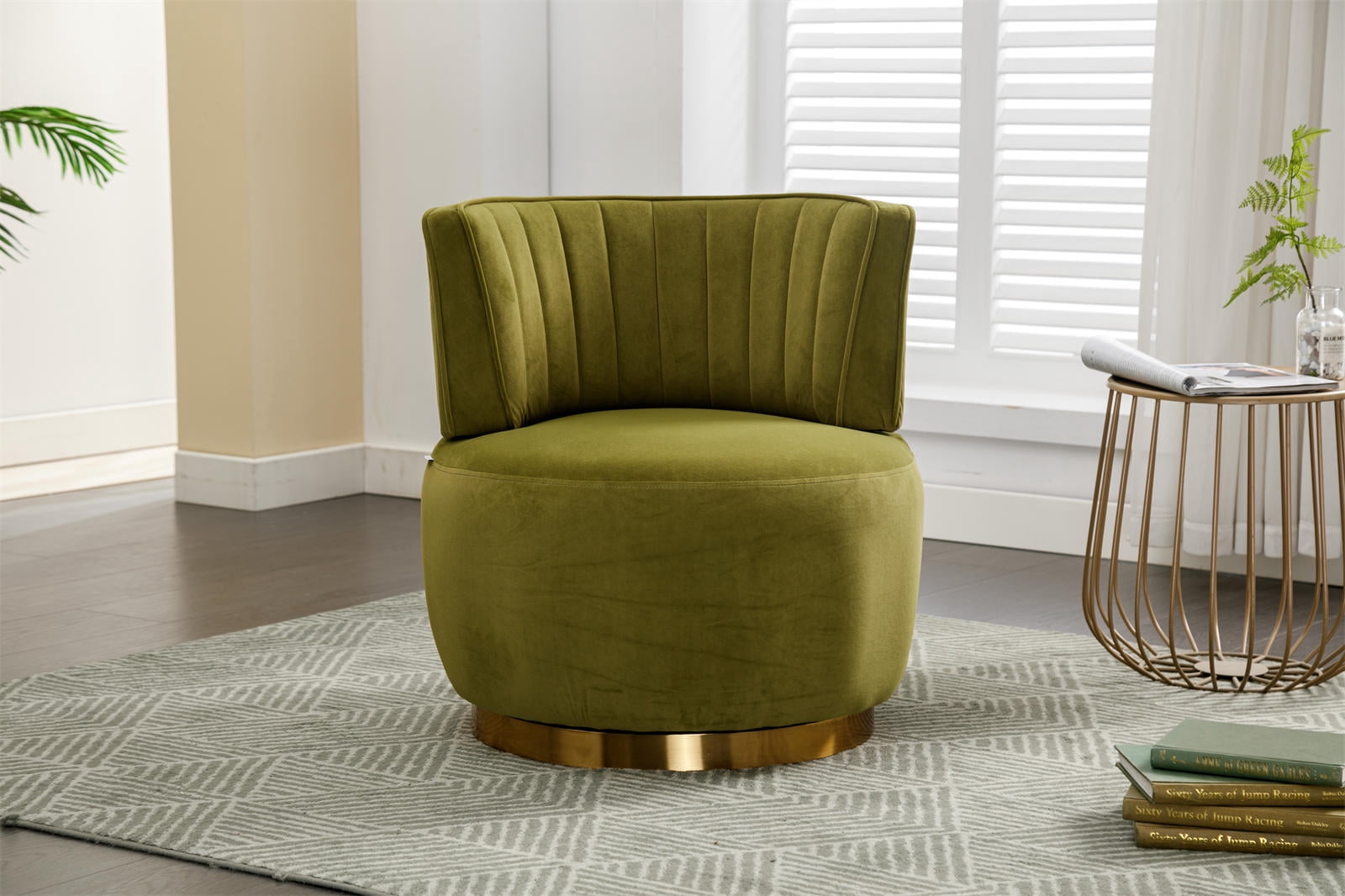 360 Degree Swivel Barrel Chair, Velvet Modern Accent Chair with Curved ...