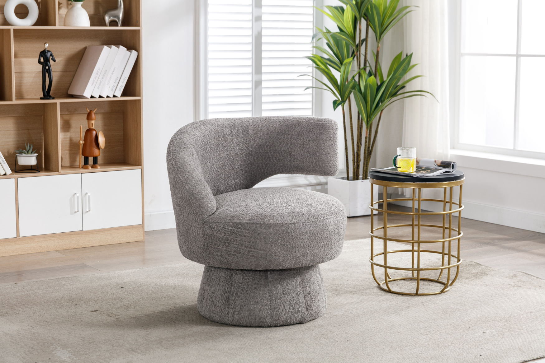 360 Degree Swivel Chair with Wood Frame, Accent Round Armchair with ...