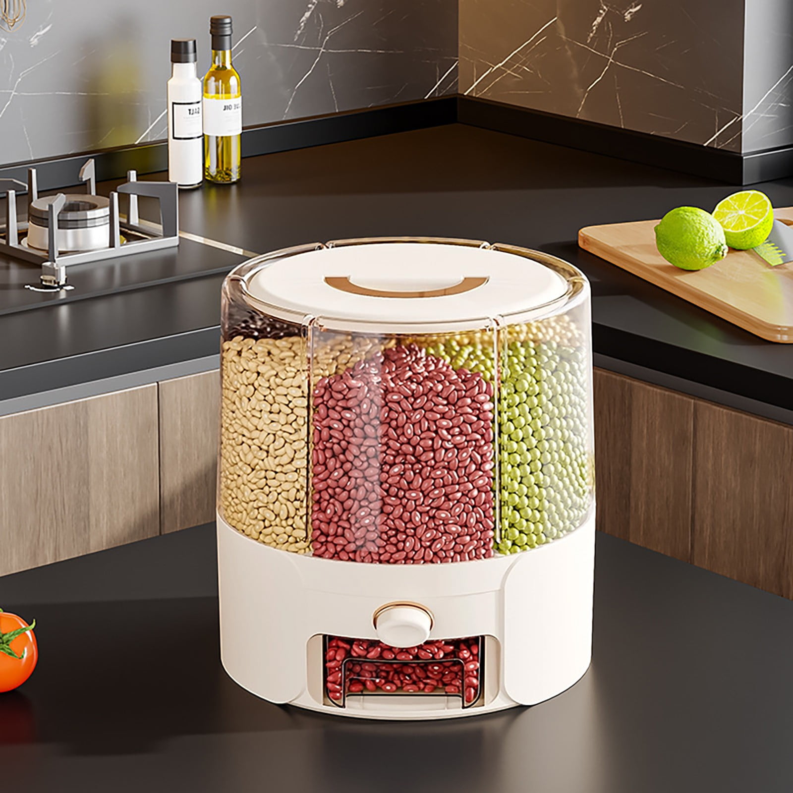 360 Degree Swivel Grain Dispenser 6 Grid Storage Container Kitchen Food ...