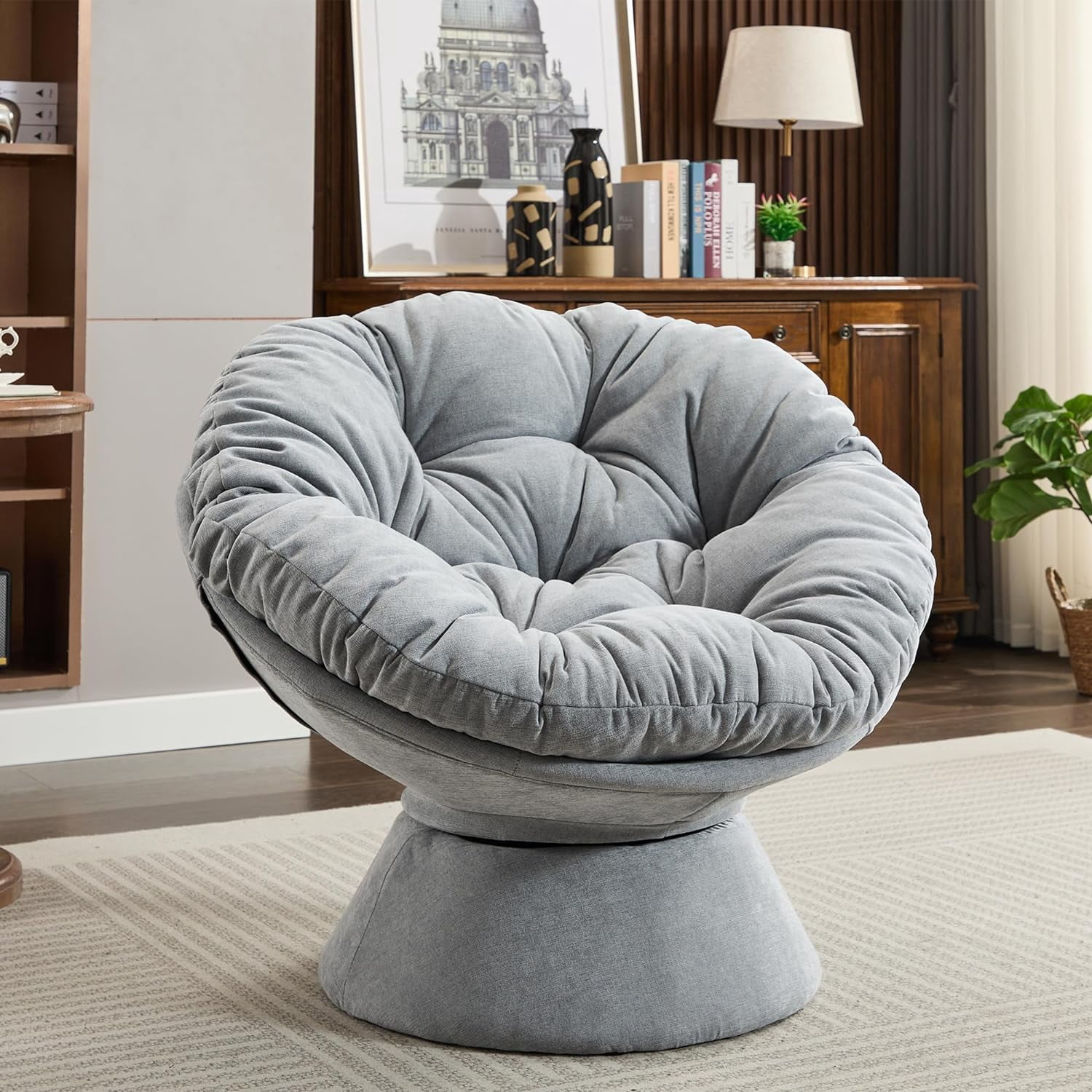 360 Degree Swivel Papasan Chair Chenille Fabric Overstuffed Round Wood ...
