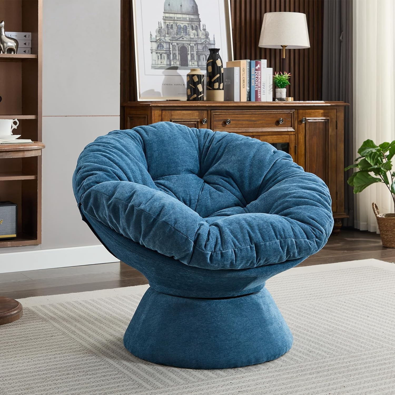 360 Degree Swivel Papasan Chair Chenille Fabric Overstuffed Round Wood ...