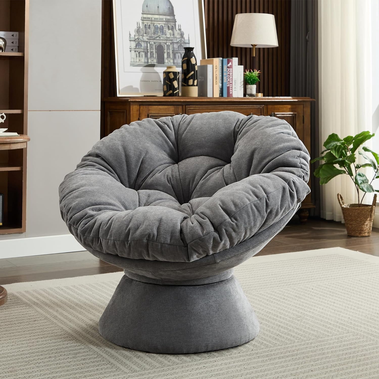 360 Degree Swivel Papasan Chair Chenille Fabric Overstuffed Round Wood ...