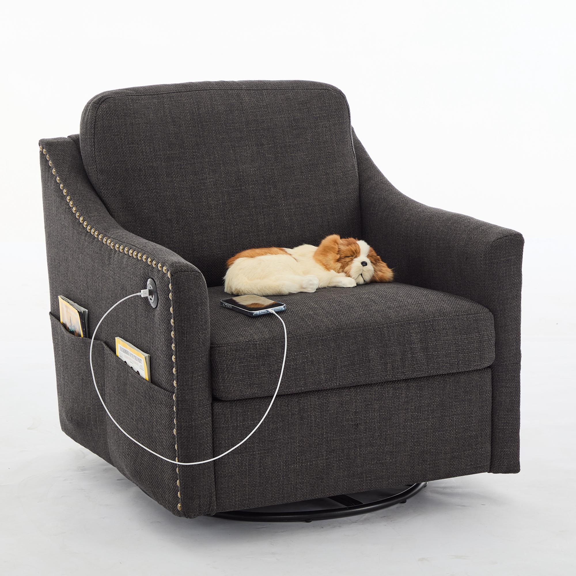 360 Degree Swivel Rotating Accent Chair with USB and Magazine Book for ...