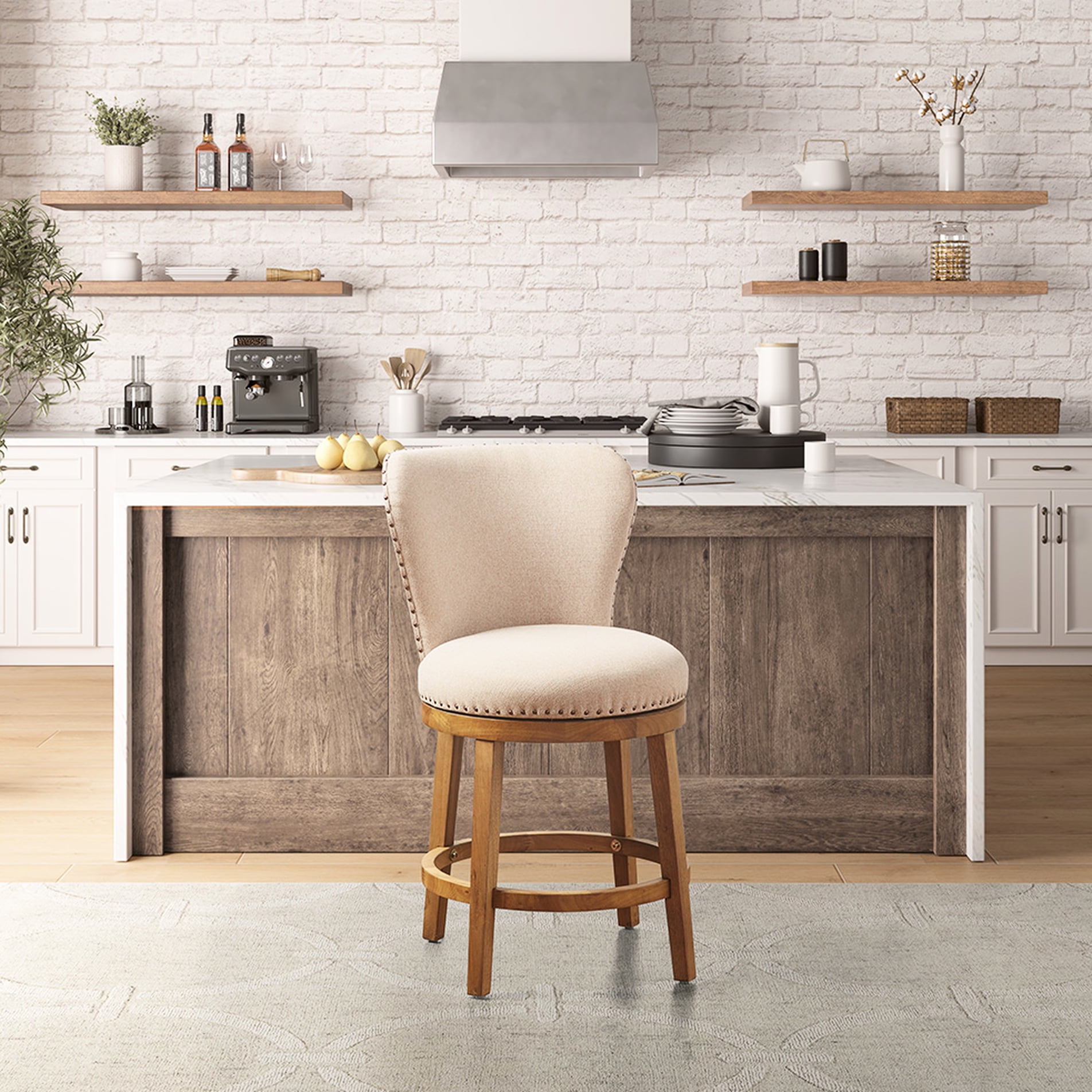 360 Degree Swivel Tan Counter Stool 25" - Padded Seat, Bronze Accents ...