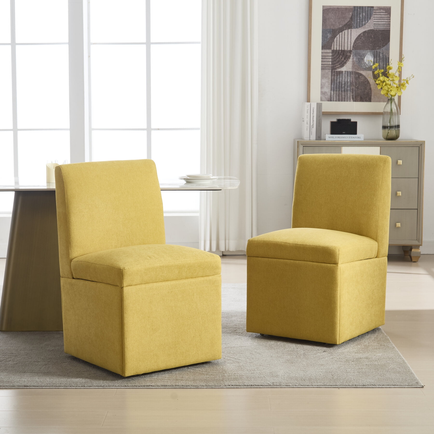 360 Degree Swivel Upholstered Dining Chairs Set of 2, Fabric Armless ...