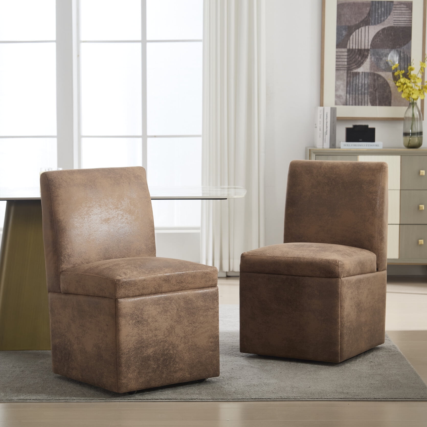 360 Degree Swivel Upholstered Dining Chairs Set of 2, Fabric Armless ...