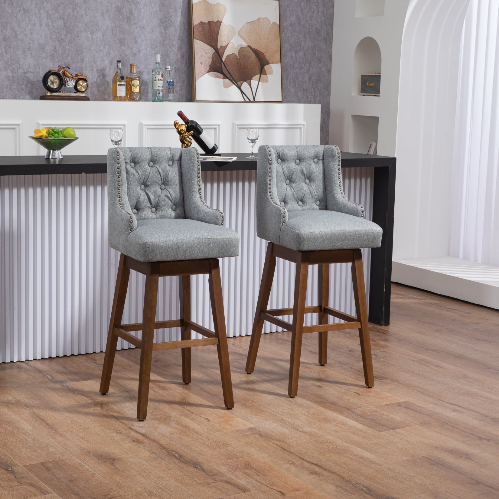 360 Degrees Linen Counter Height Bar Stools Set of 2, Dining Chair with ...
