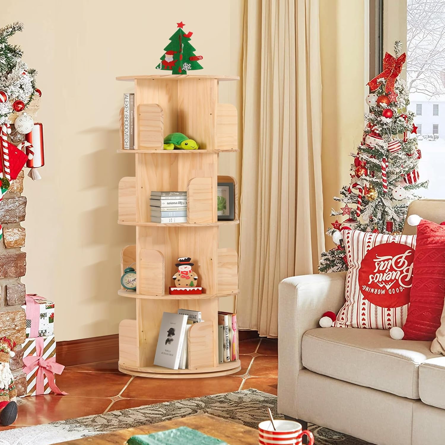 360°Display Rotating Bookshelf,Solid Wood Stackable Spinning Bookcase,Corner Storage Rack ...