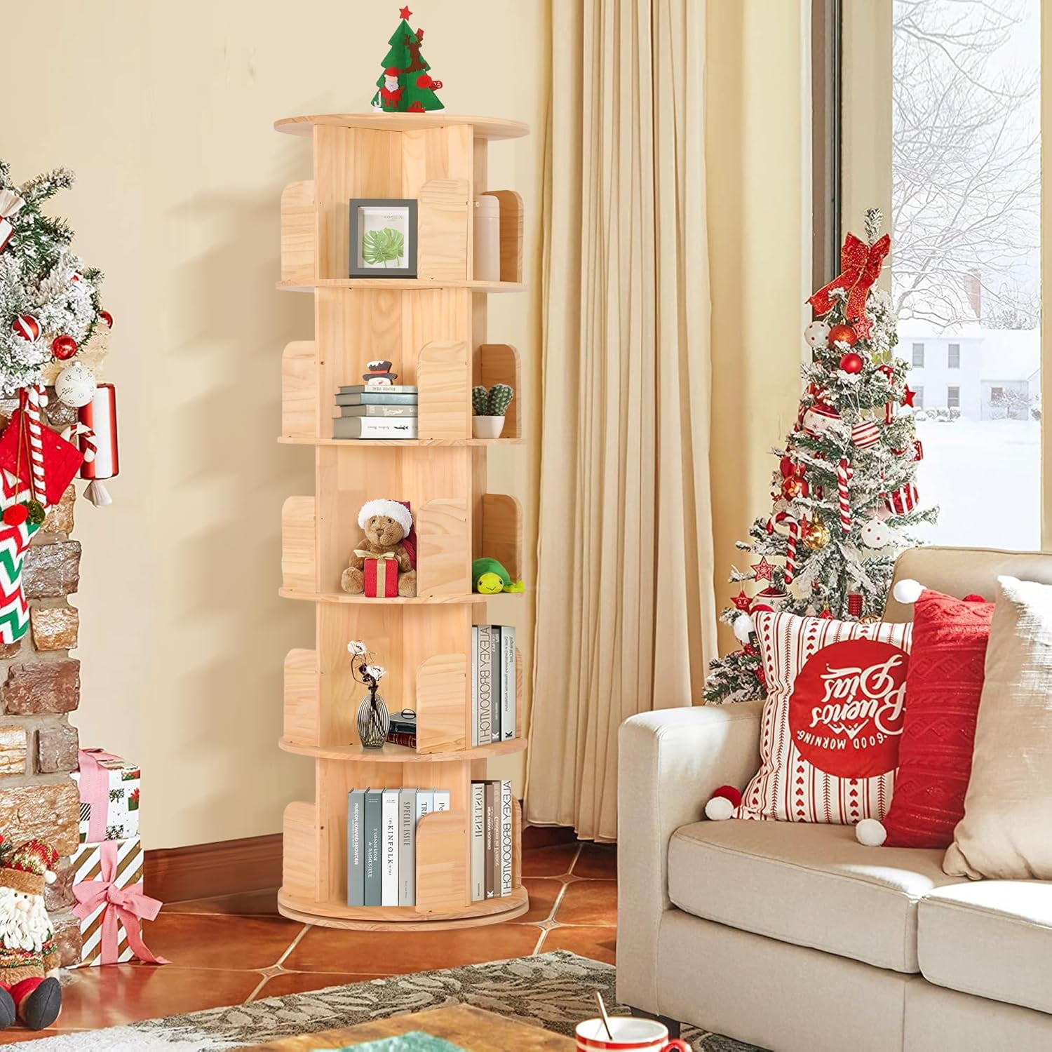 360°Display Rotating Bookshelf,Solid Wood Stackable Spinning Bookcase ...