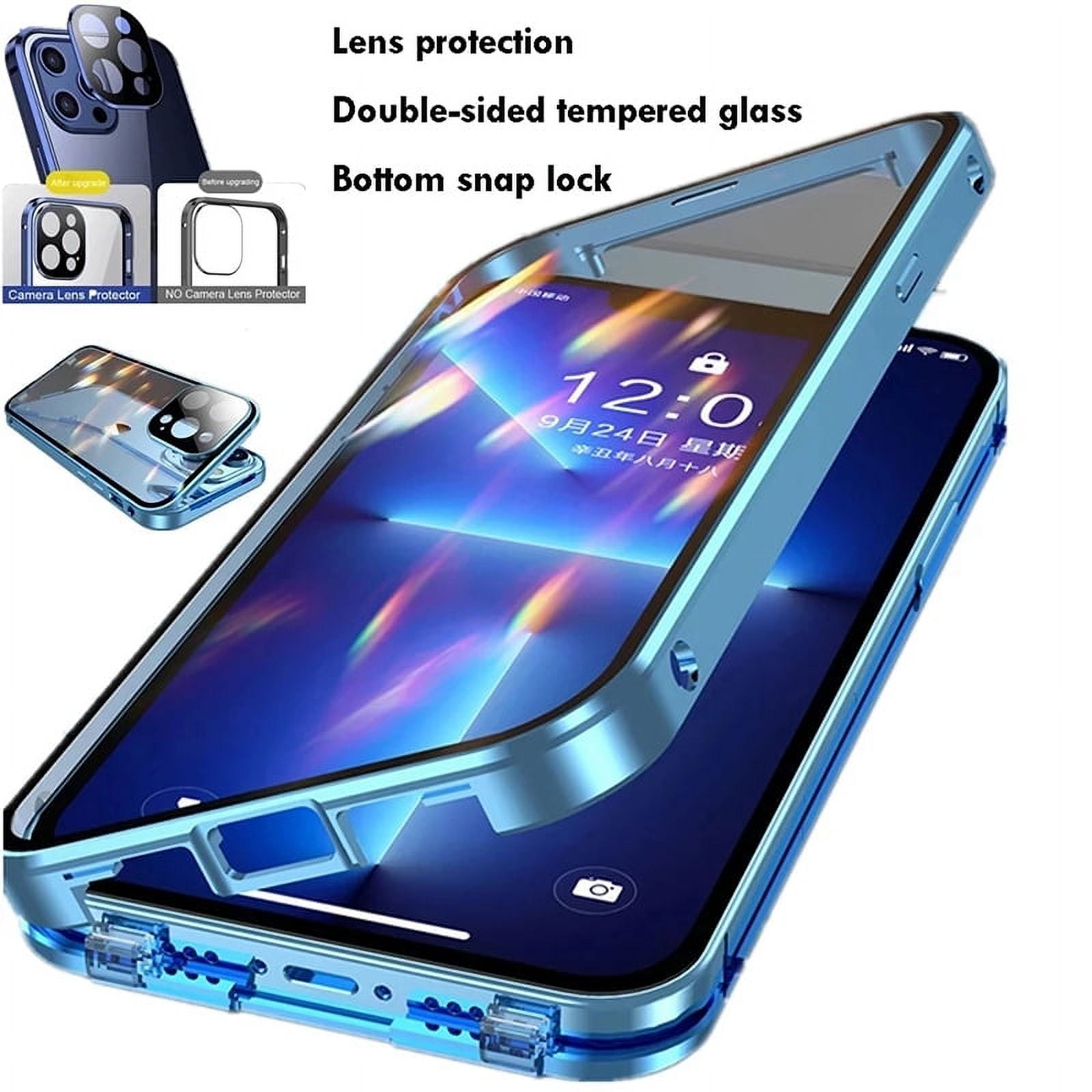360°Full Protection Metal Magnetic Double Sided Glass Snap Lock Case For iPhone 15 Pro Max 14 12 ...