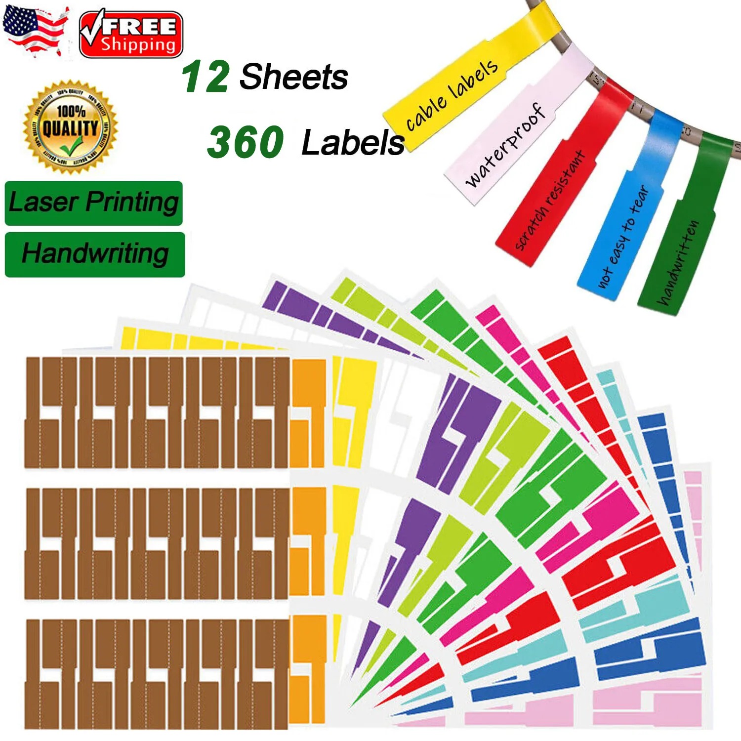 360 Pcs Cable Labels Tags for Cable Management 12 Colors Cord Labels ...