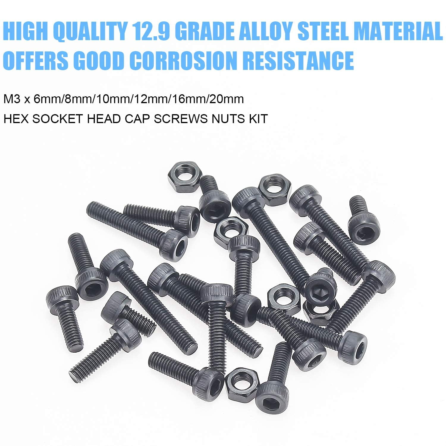 360 Pieces M3 x 6mm/8mm/10mm/12mm/16mm/20mm, 12.9 Grade Alloy Steel Hex Socket Head Cap Bolts ...