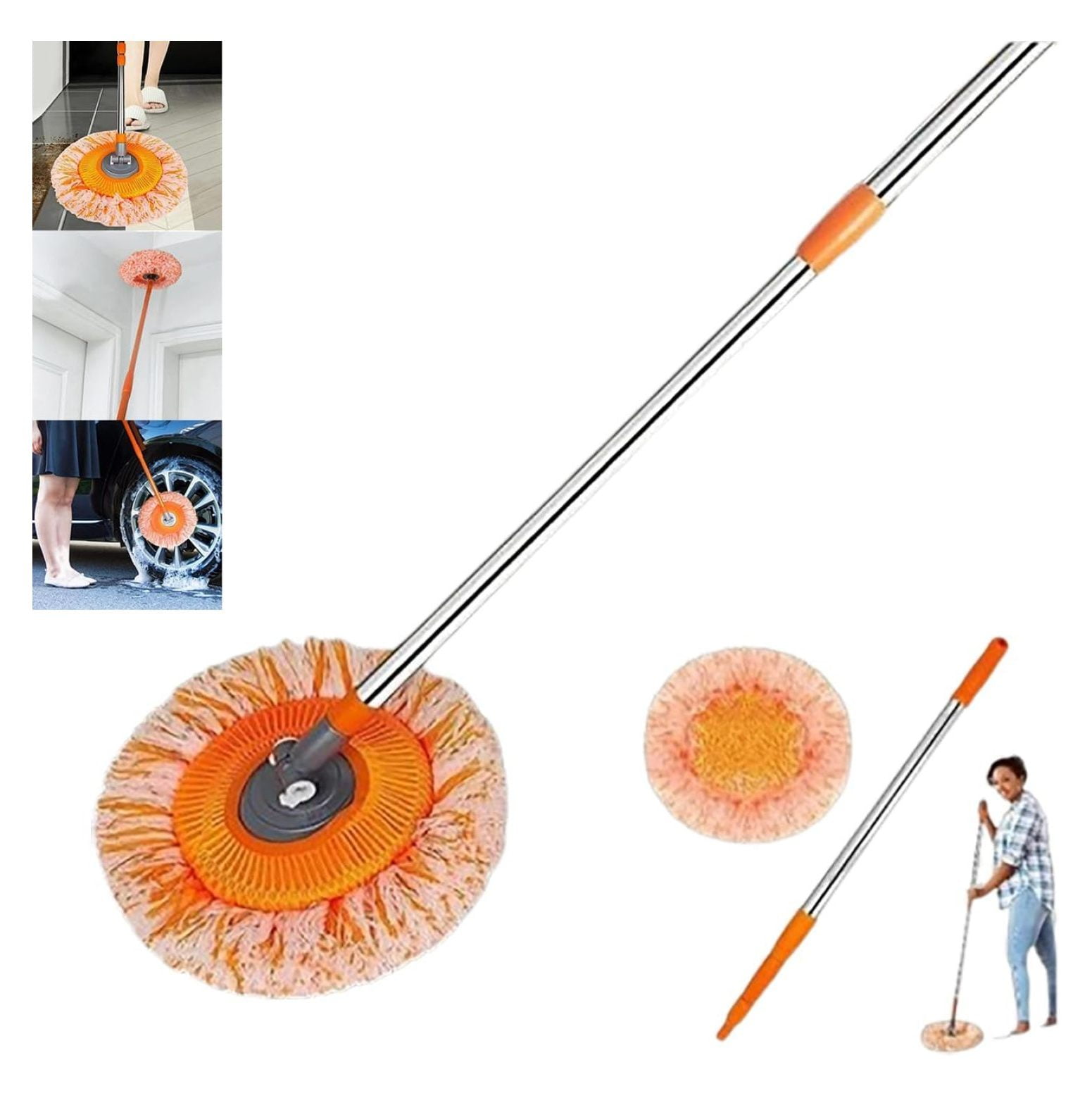 360 Rotatable Adjustable Cleaning Mop, 59" Long Handle Extendable Wall Cleaning Mop with 1/2/3 ...