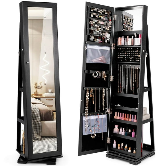 360° Rotatable Jewelry Cabinet Armoire 2-in-1 Lockable Mirrored For ...
