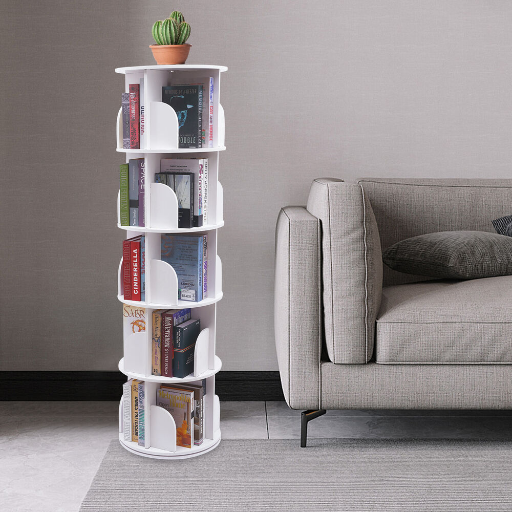 360° Rotating 5 Tiers Bookshelf Bookcase Storage Shelf Freestanding ...