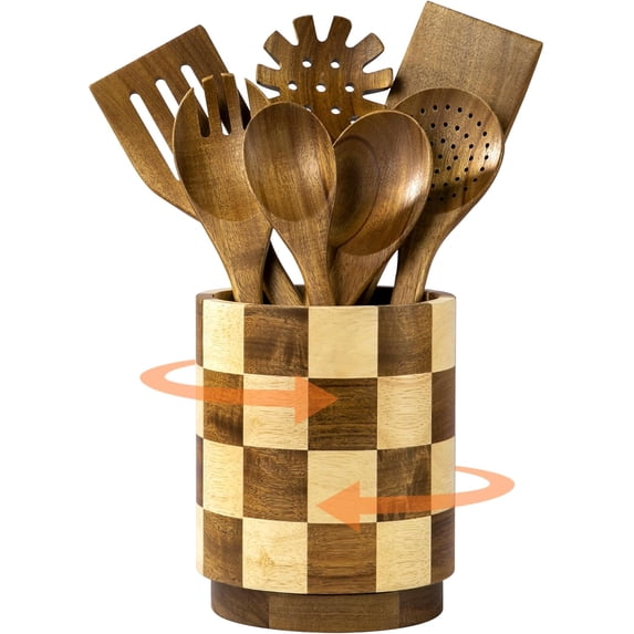 360° Rotating Acacia Wood Utensil Holder – Kitchen Counter Organizer ...