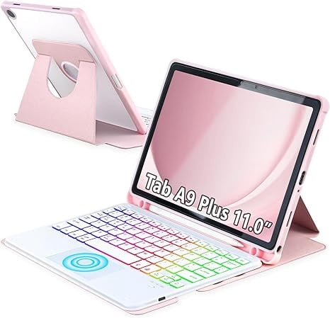 360° Rotating Backlit Keyboard Case Pink White for Tab A9 Plus 11" SM ...