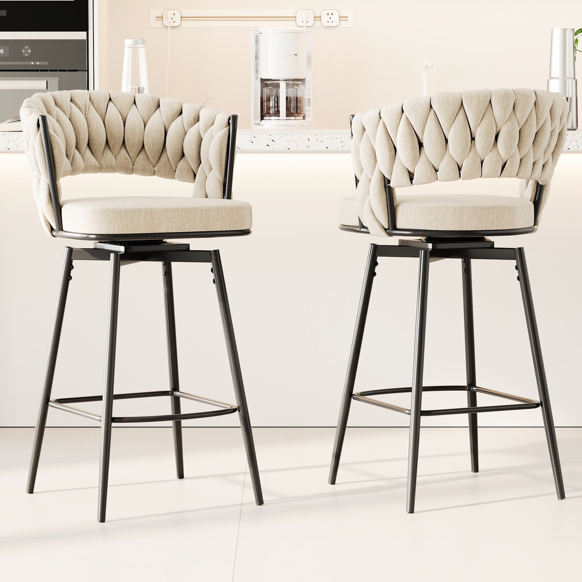 360° Rotating Bar Chairs Set of 2 with Linen Seats for Home Bars ...