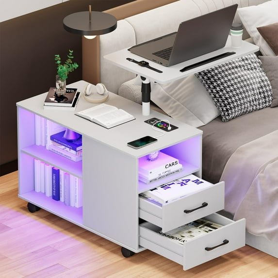 360° Rotating Bedside Table with Wireless Charging, LED Nightstand with ...