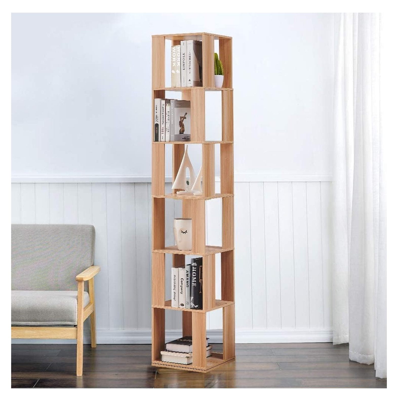 360° Rotating Bookshelf Corner Slim Storage Shelf, 6-Tier Tall Bookcase ...