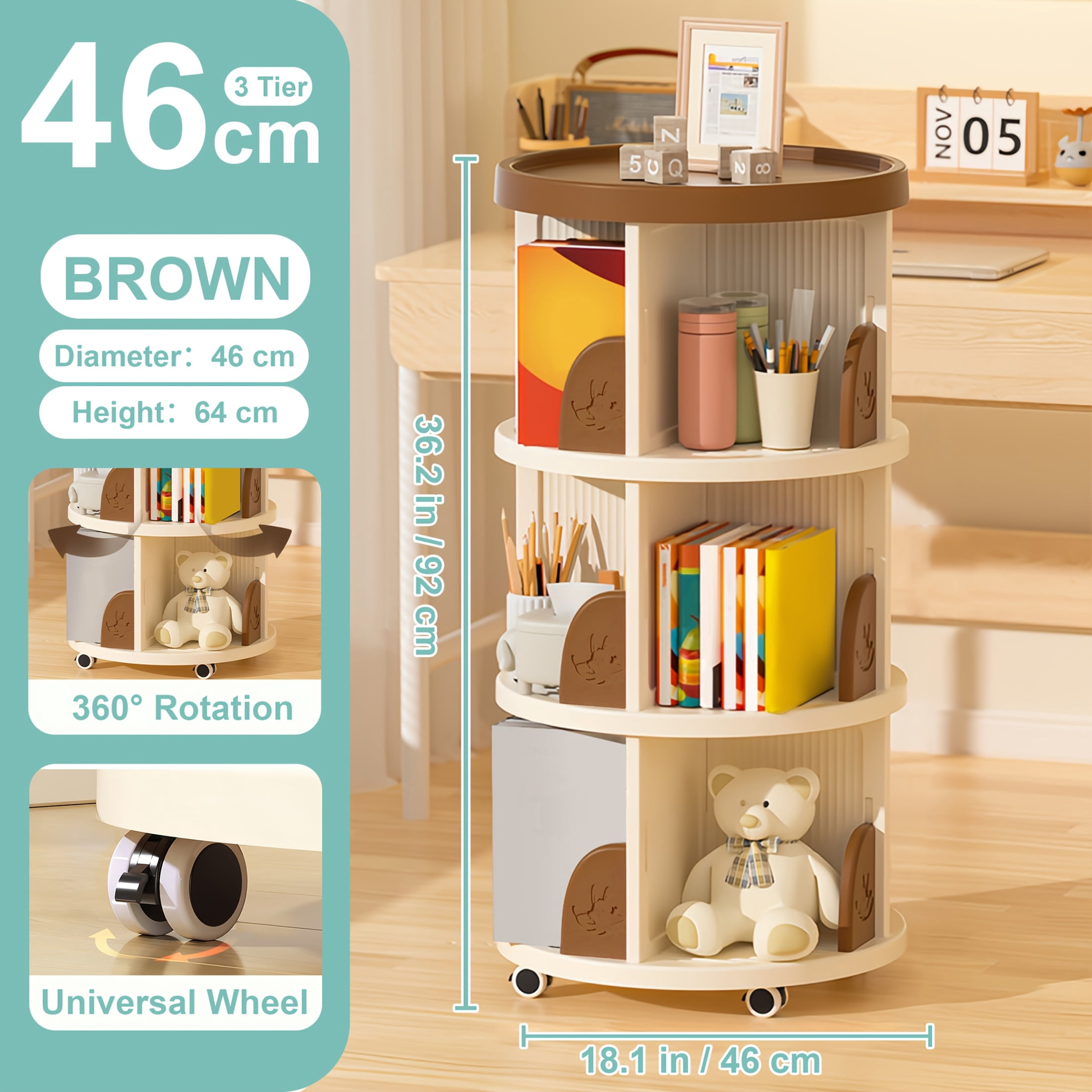 360° Rotating Bookshelf Tower & Snack Cart - Mobile Book Storage Rack ...