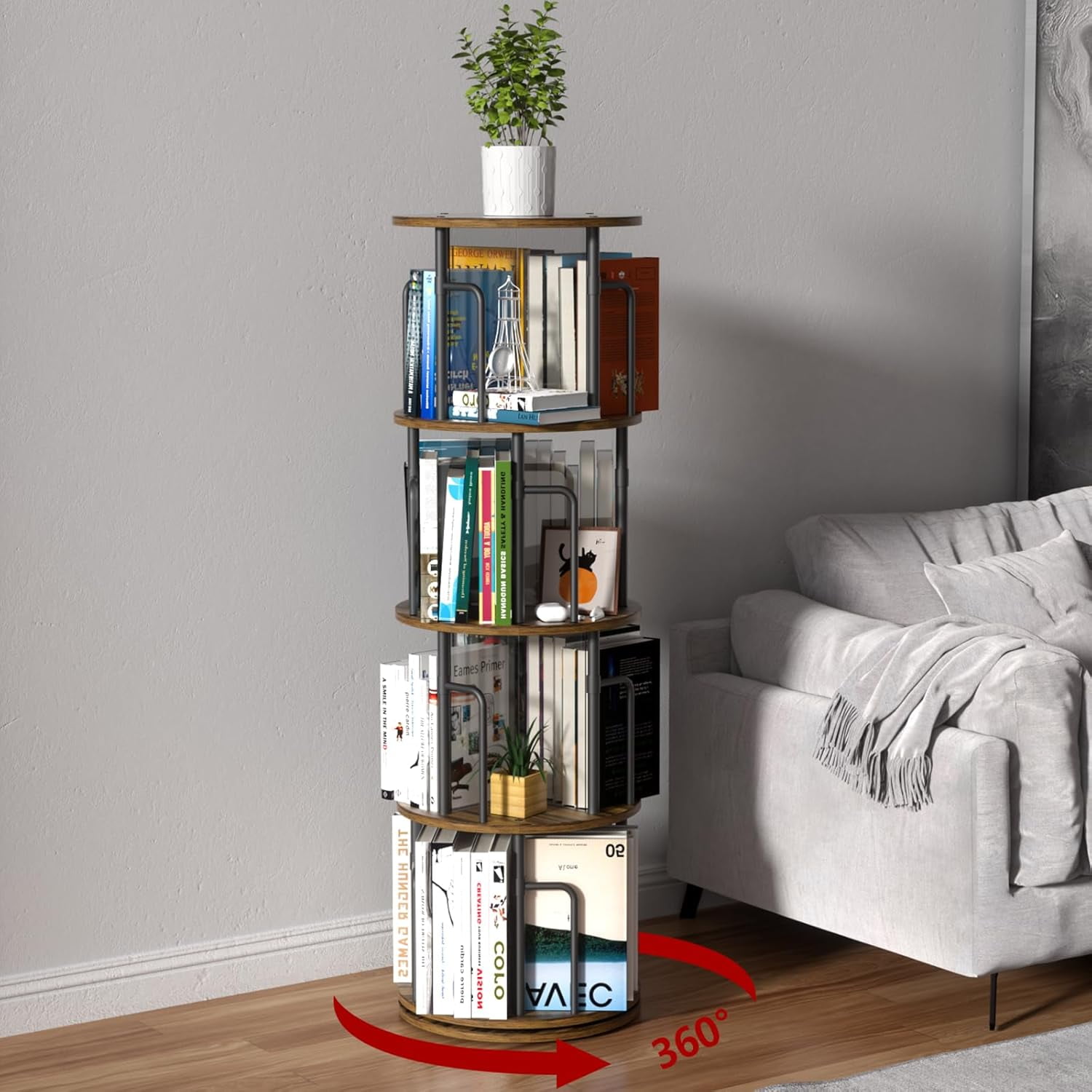 360 Rotating Bookshelf Tower Spinning Bookshelf 4 Tier Small Corner ...