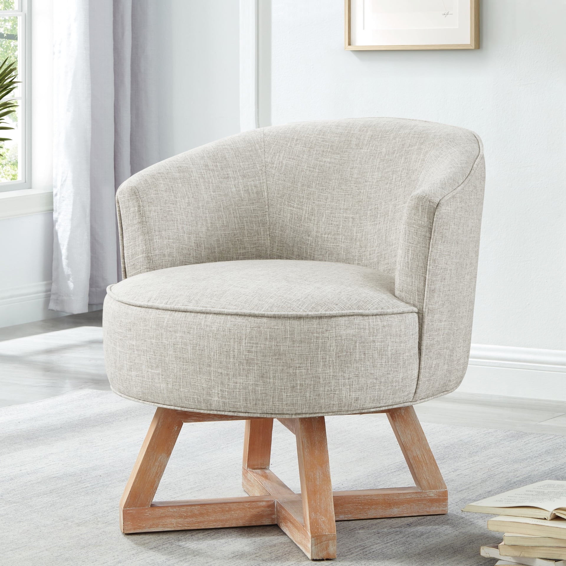 360° Rotating Chair With Gray Linen Fabric And Solid Wood Components ...