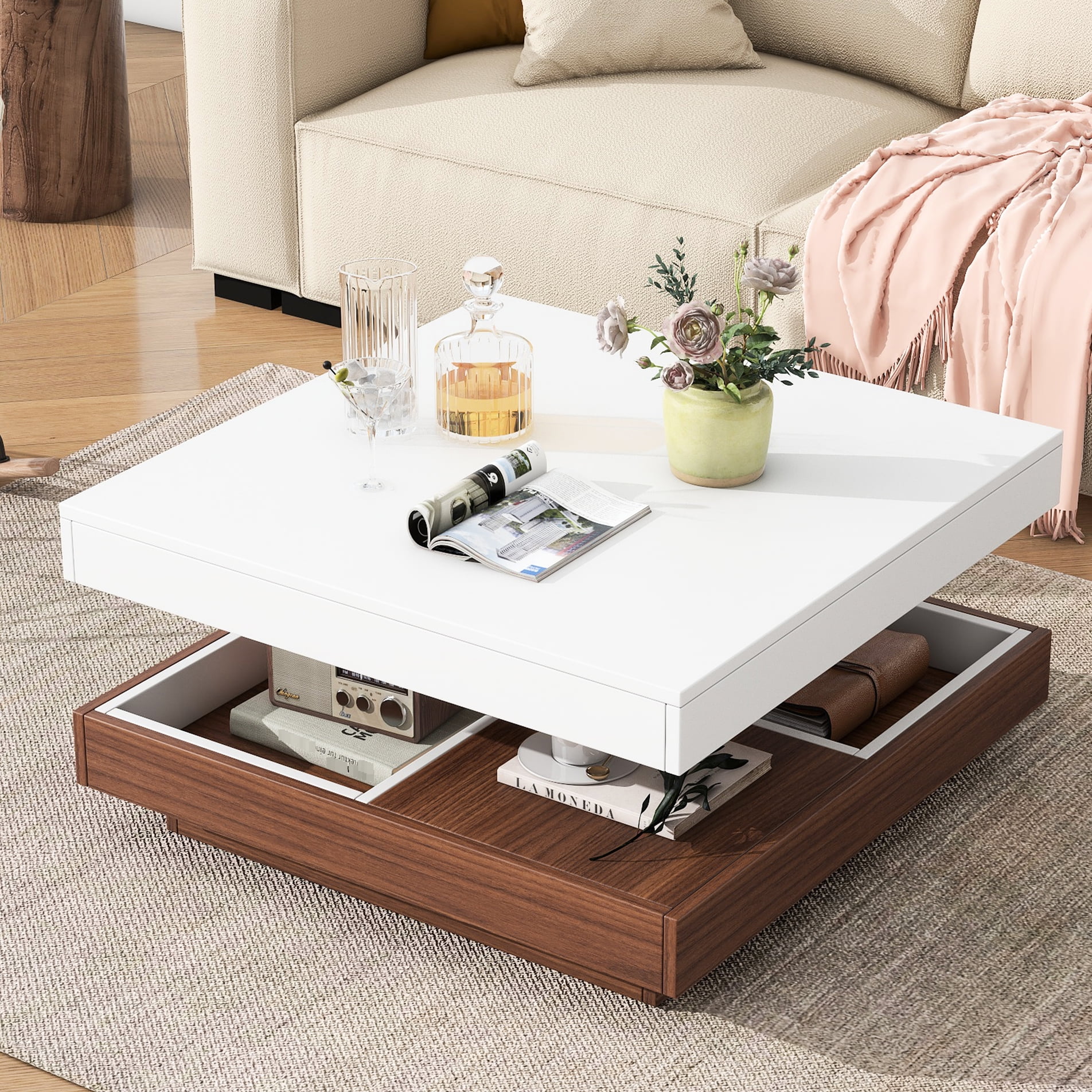 360° Rotating Coffee Table With Storage Trays - White And Walnut Design ...