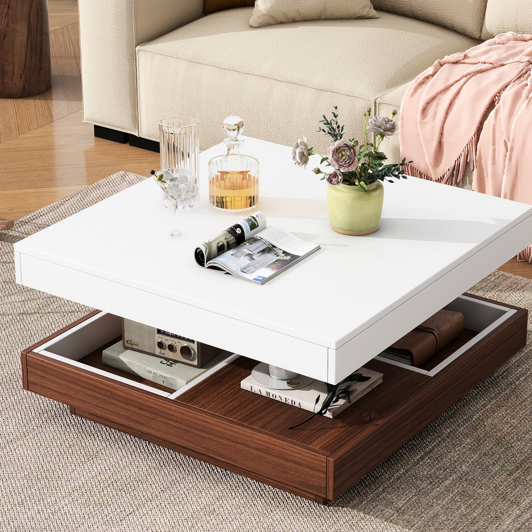 360° Rotating Coffee Table With Detachable Trays, 2 Wood Center For ...