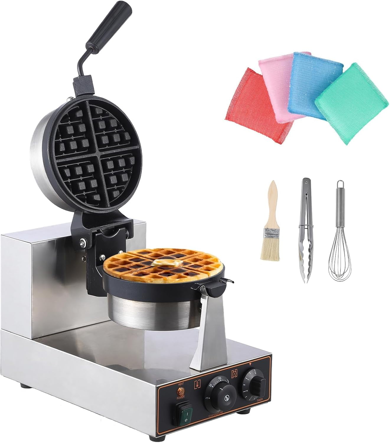 360° Rotating Commercial Waffle Maker, 50-250℃ Non-Stick Flip Waffle ...