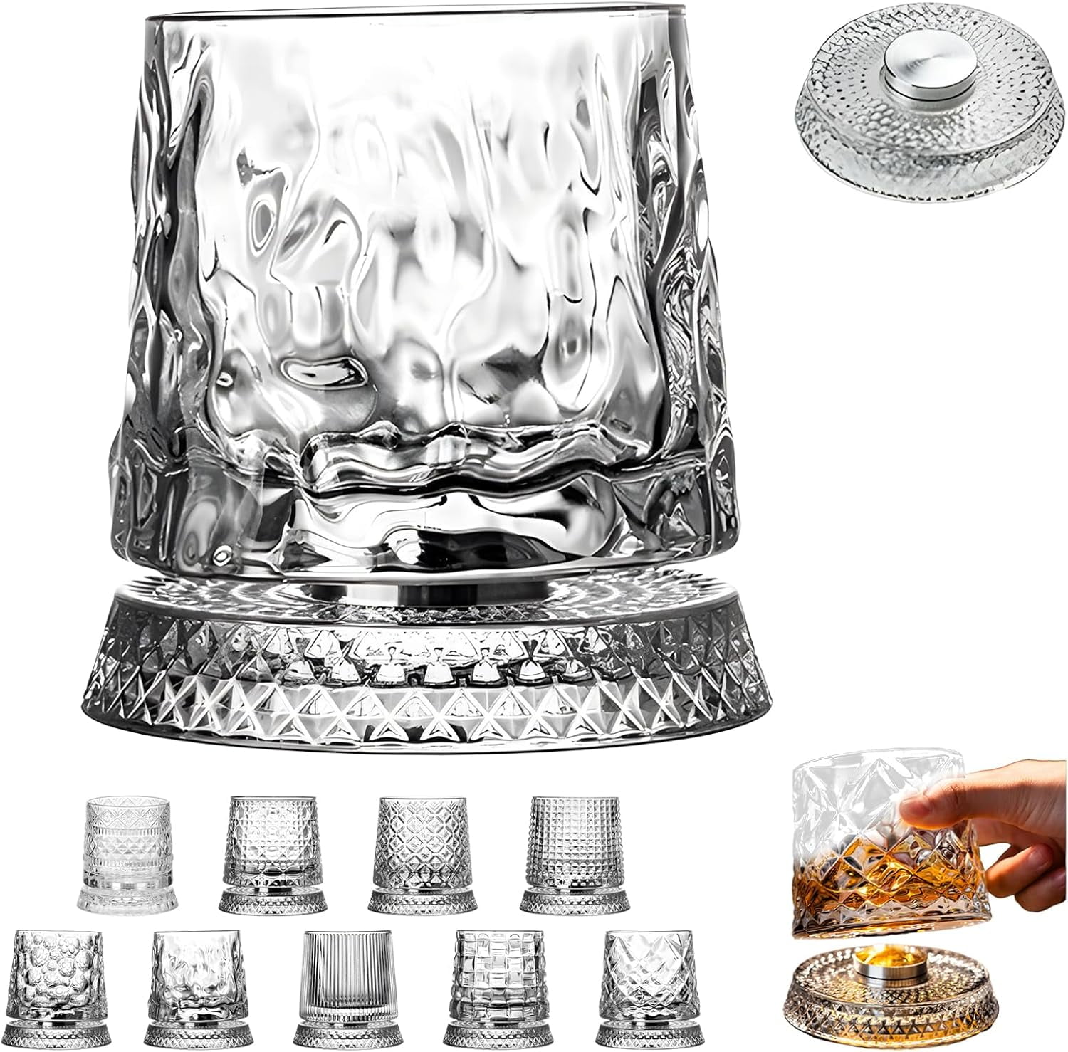 360° Rotating Crystal Whiskey Glass, Spinning Old Fashioned Rocks Glass ...