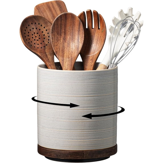 360° Rotating Extra Large Ceramic Utensil Holder with Wooden Base, 7.3 ...
