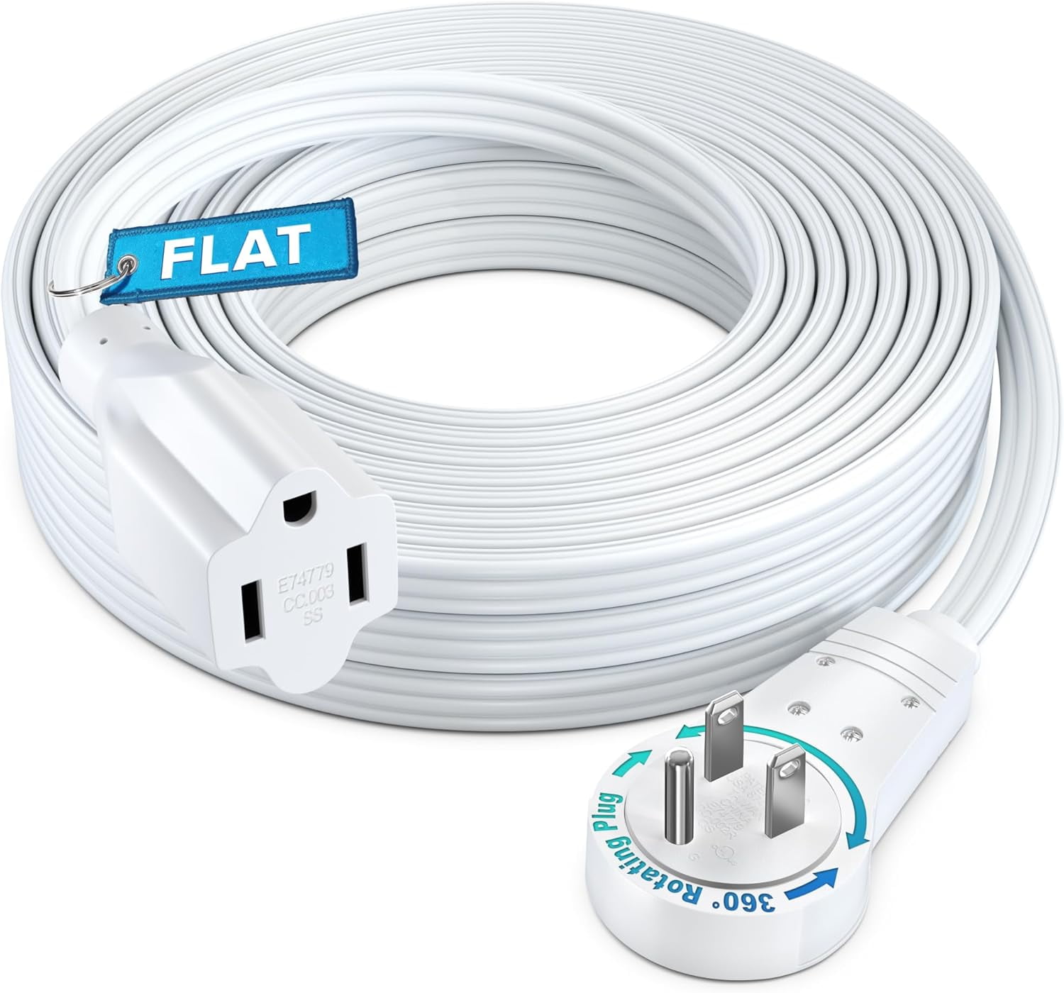 360 Rotating Flat Plug Extension - 50ft Flat Cord, Slim Space-Saving ...